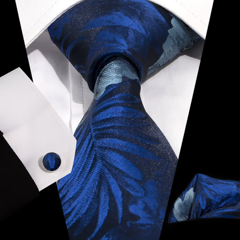 3Pcs Men's Classy Navy Blue & Sky Blue Flower Necktie Set – FloralTrip