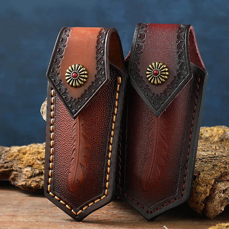 Flip Cover Feather Embossing Folding Knife Sheath Leather Belt Bag ...