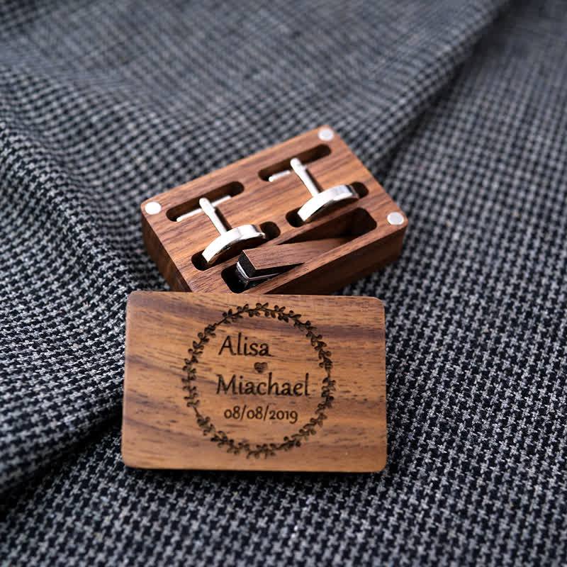 Men's Custom Engraving Box Surface Wedding Day Wooden Cufflinks Set ...