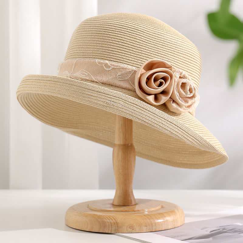 Women's Double Flowers Net Gauze Roll Brim Summer Straw Hat – FloralTrip