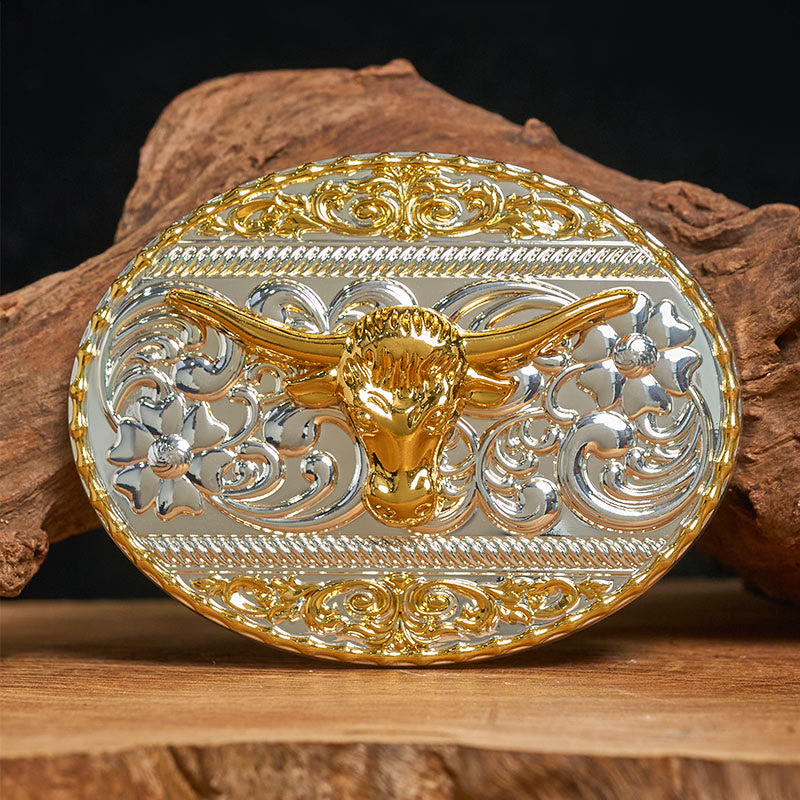 Men's Golden Bull Head Exquisite Carving Elliptical Buckle Leather Bel ...
