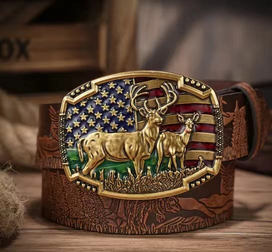 Men's Brass Colored National Flag Deer Buckle Leather Belt – FloralTrip