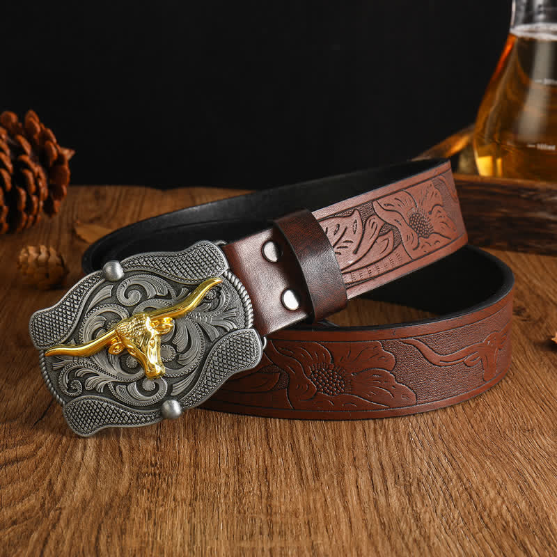 Men's Square Golden Longhorn Bull Leather Belt – FloralTrip